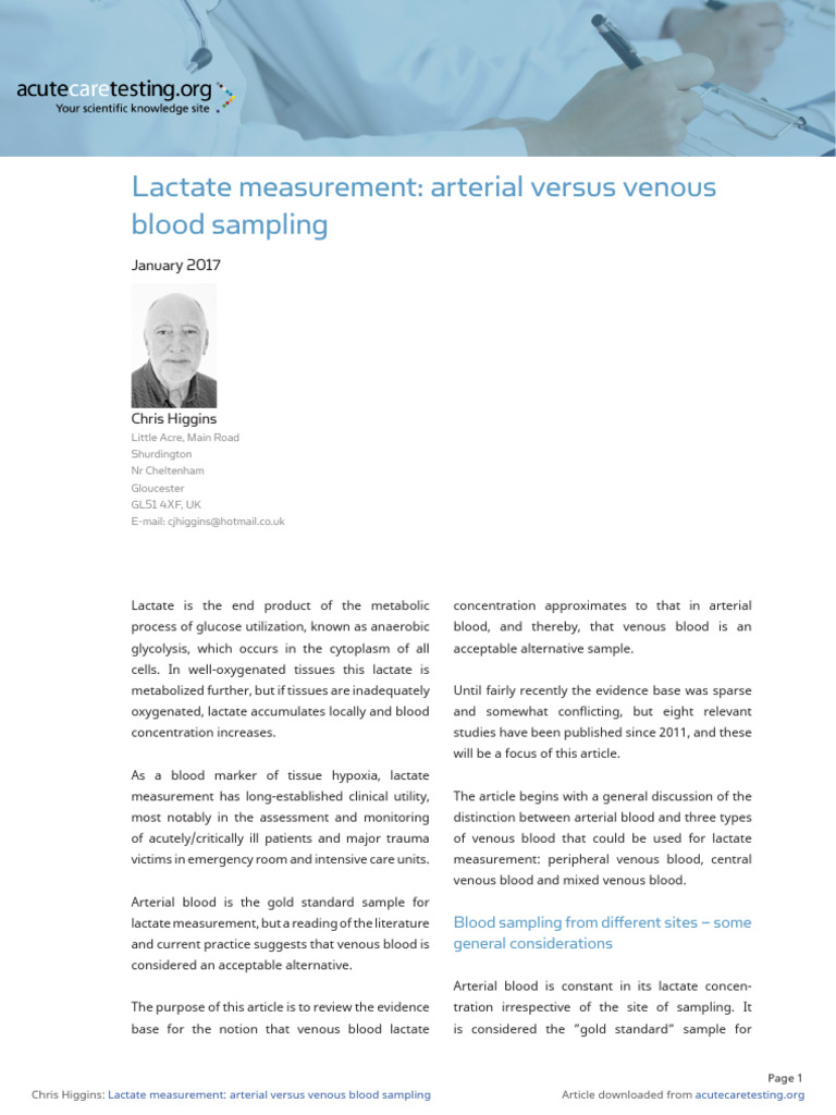 Arterial vs Venous Lactate Measurement | PDF