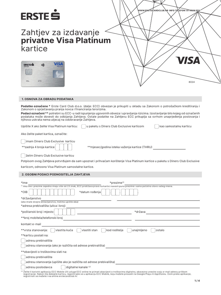 Zahtjev Za Izdavanje Visa Platinum Kartice | PDF