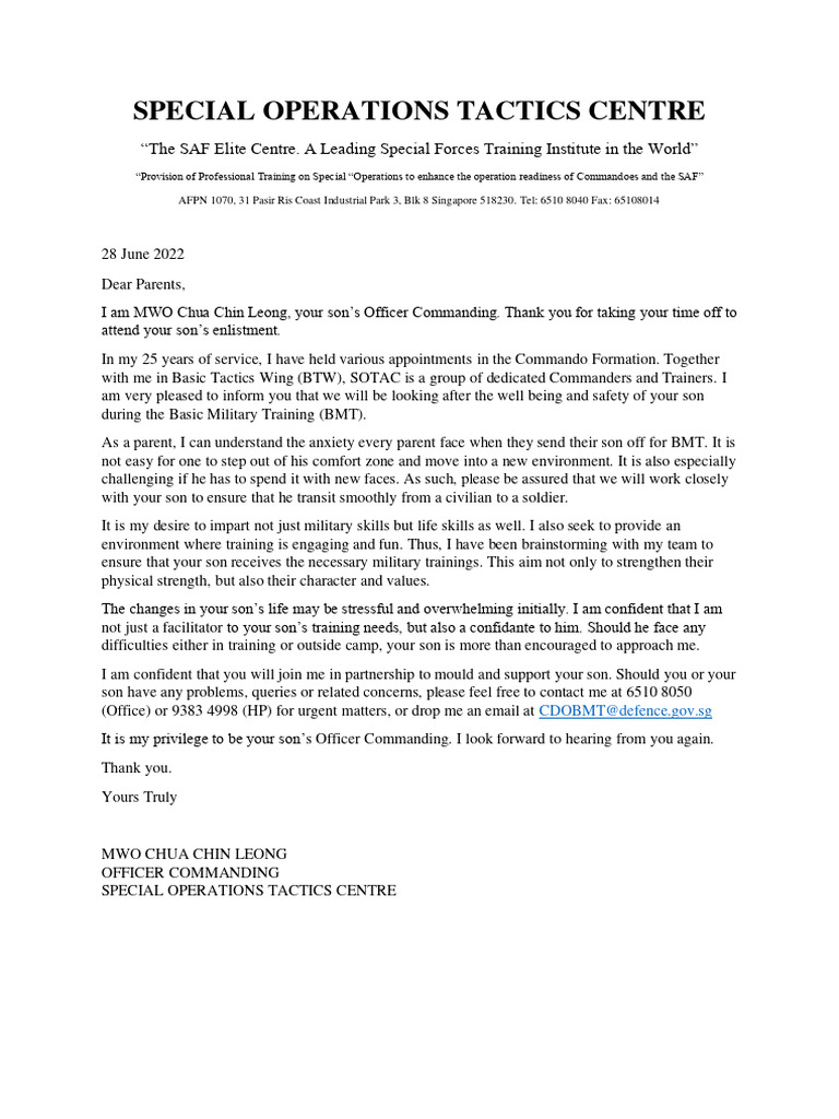 Special Operations Tactics Centre Enlistment Letter | PDF | Military