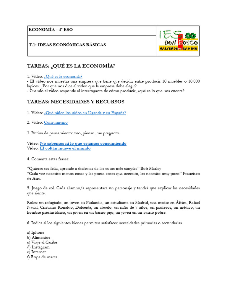 T. 1 - Relación de Ejercicios Prácticos Economía 1º Bachillerato Tema 1 | PDF