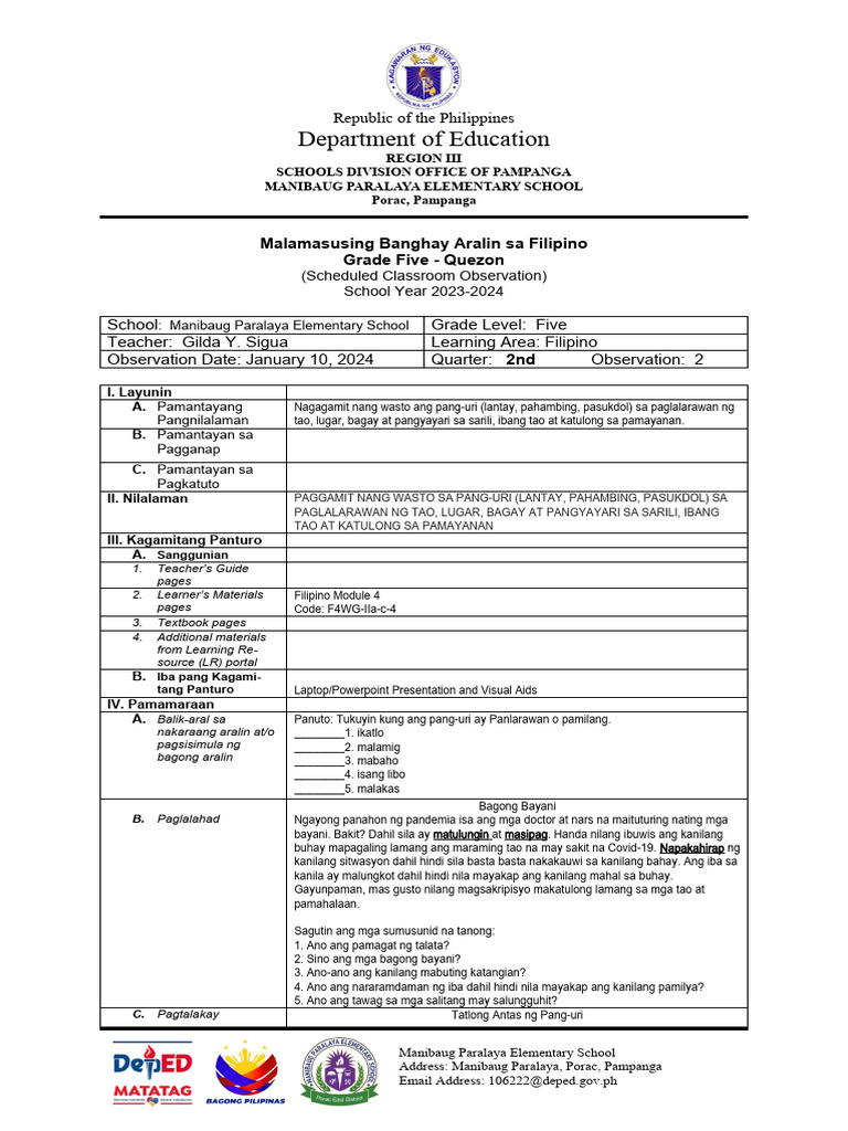 Semi Detailed Lesson Plan in Filipino | PDF