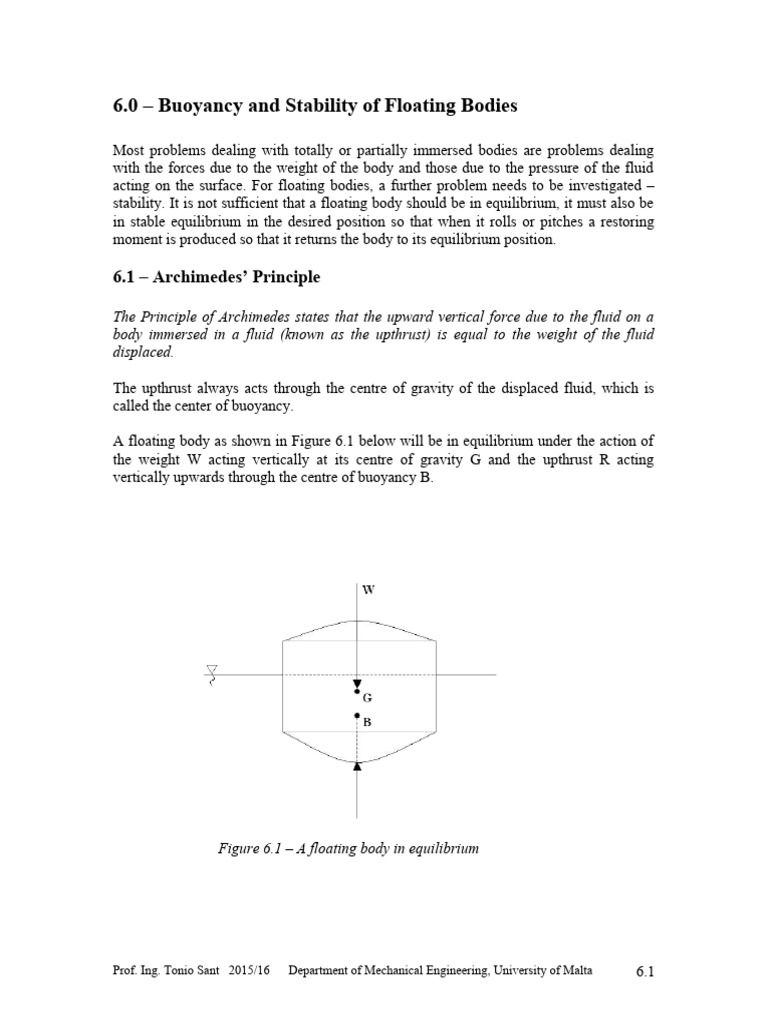6.0 - Bouyancy and Stability of Floating Bodies | PDF