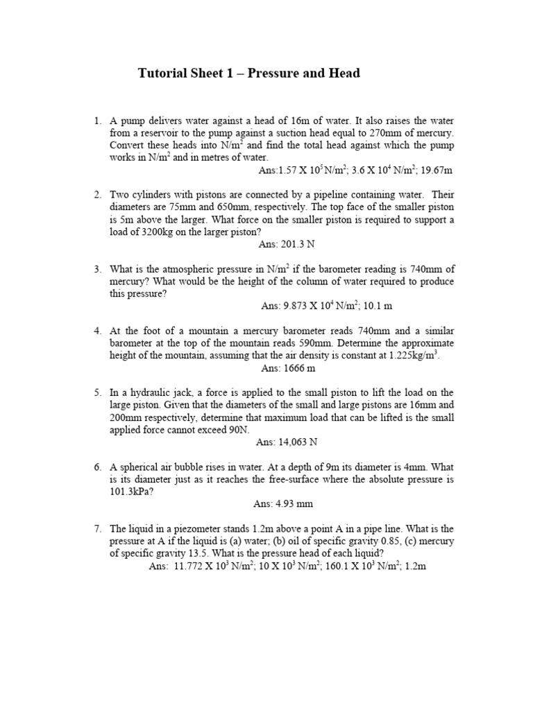Tutorial Sheet 1 Fluid | PDF