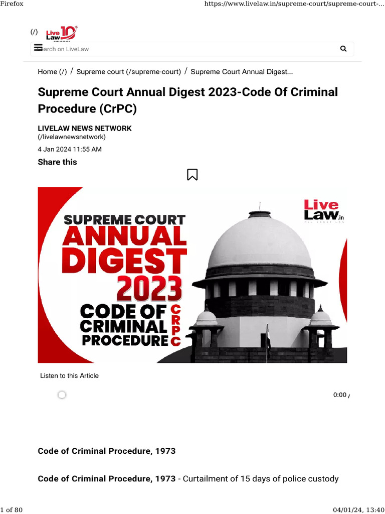 Supreme Court Annual Digest 2023 Code of Criminal Procedure CRPC | PDF