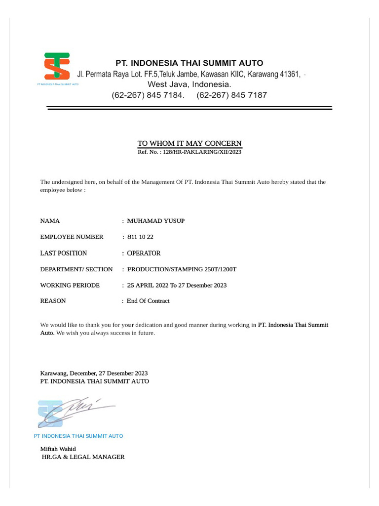 Paklaring PT Thai Summit | PDF