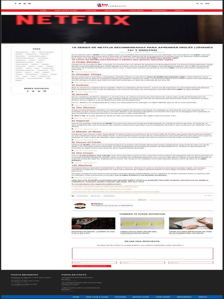 10 Series de Netflix para Aprender Inglés - Be Británico | PDF