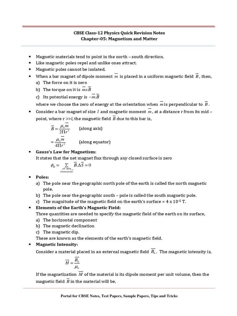 12 Physics Notes Ch05 Magnetism and Matter | PDF