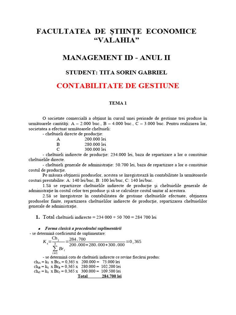 TC1 Contabilitate de Gestiune Tita Sorin | PDF