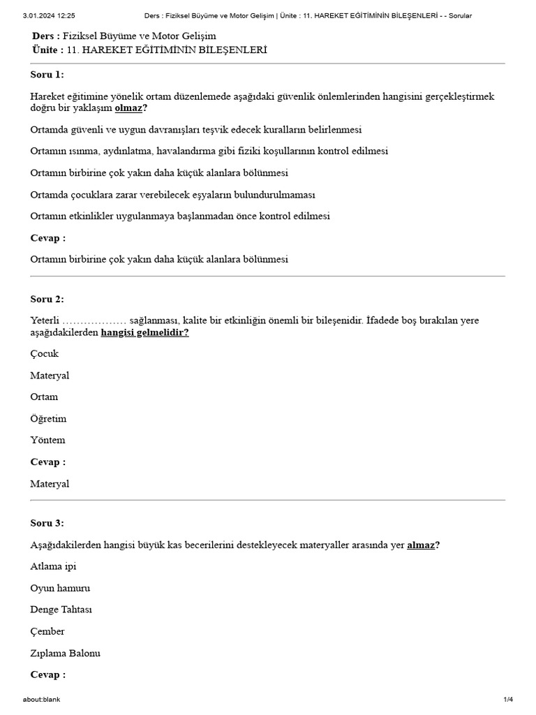 Ders - Fiziksel Büyüme Ve Motor Gelişim - Ünite - 11. HAREKET EĞİTİMİNİN BİLEŞENLERİ - Sorular | PDF