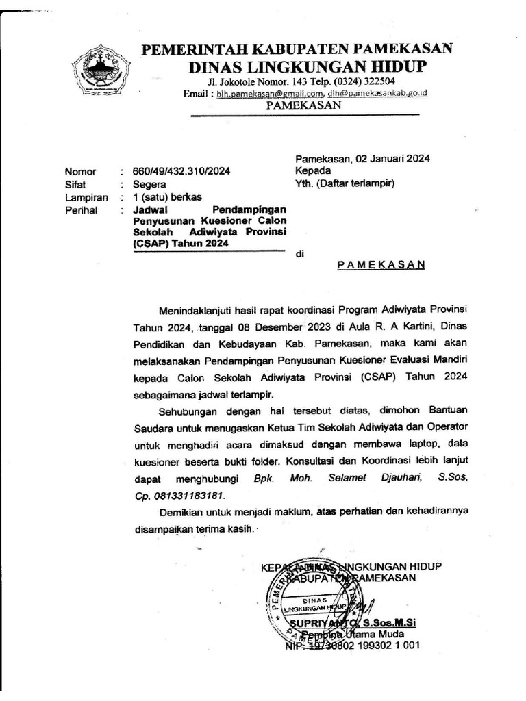 Surat Jadwal Pendampingan Kuesioner Csap 2024 | PDF