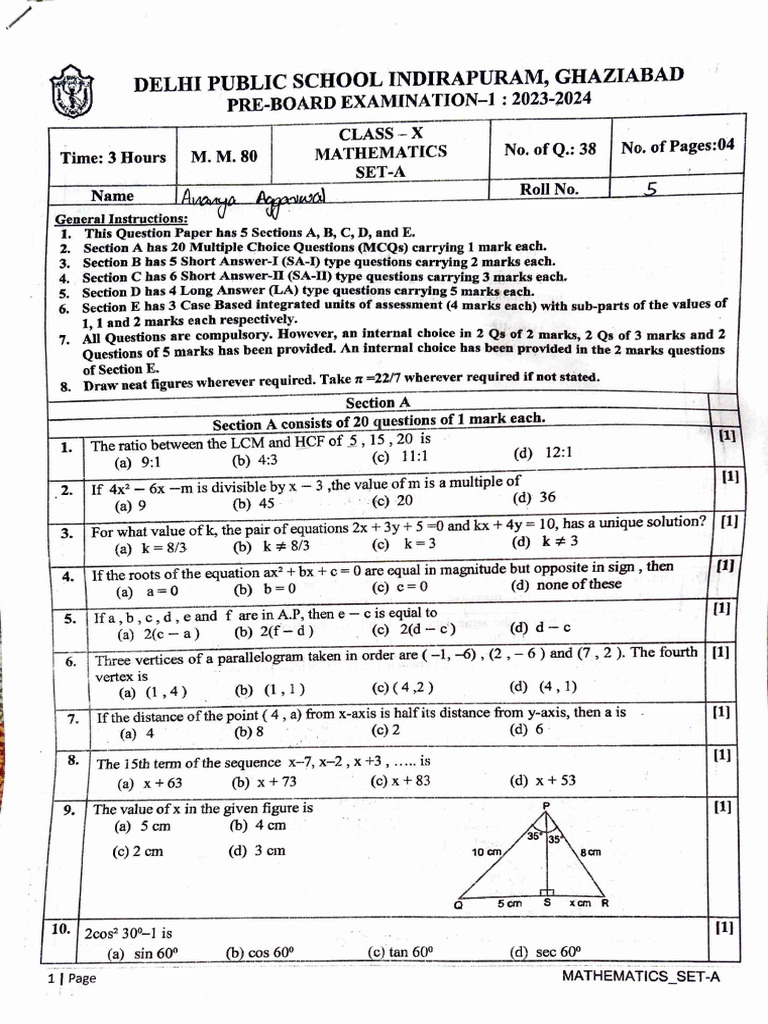 Class 10 Maths 2023-24 (DPS, GZD) | PDF