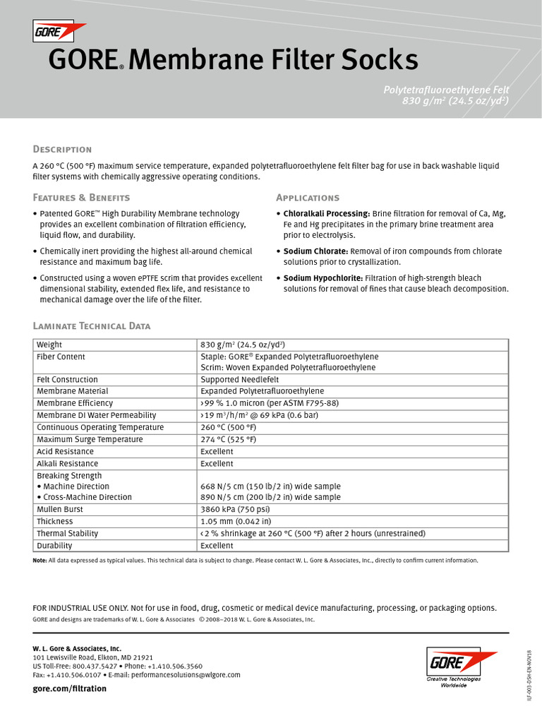 GORE Membrane Filter Socks PTFE 830 | PDF | Secondary Sector Of The ...