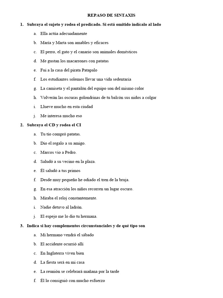 Sintaxis Básico SUJ, PRED, CD, CI, ATRIB, CC | PDF