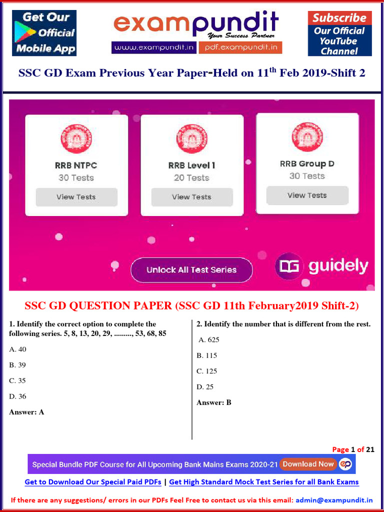 SSC GD 2019 Exam Paper - Shift 2 | PDF