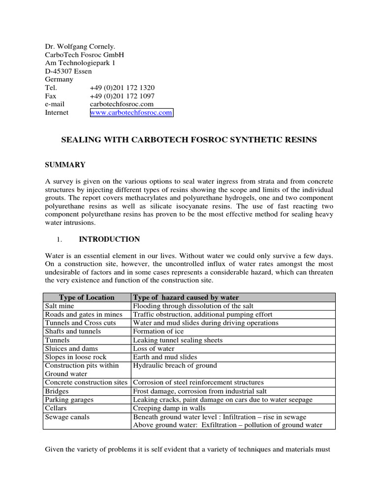 Sealing With Carbotech Minova Synthetic Resins | PDF