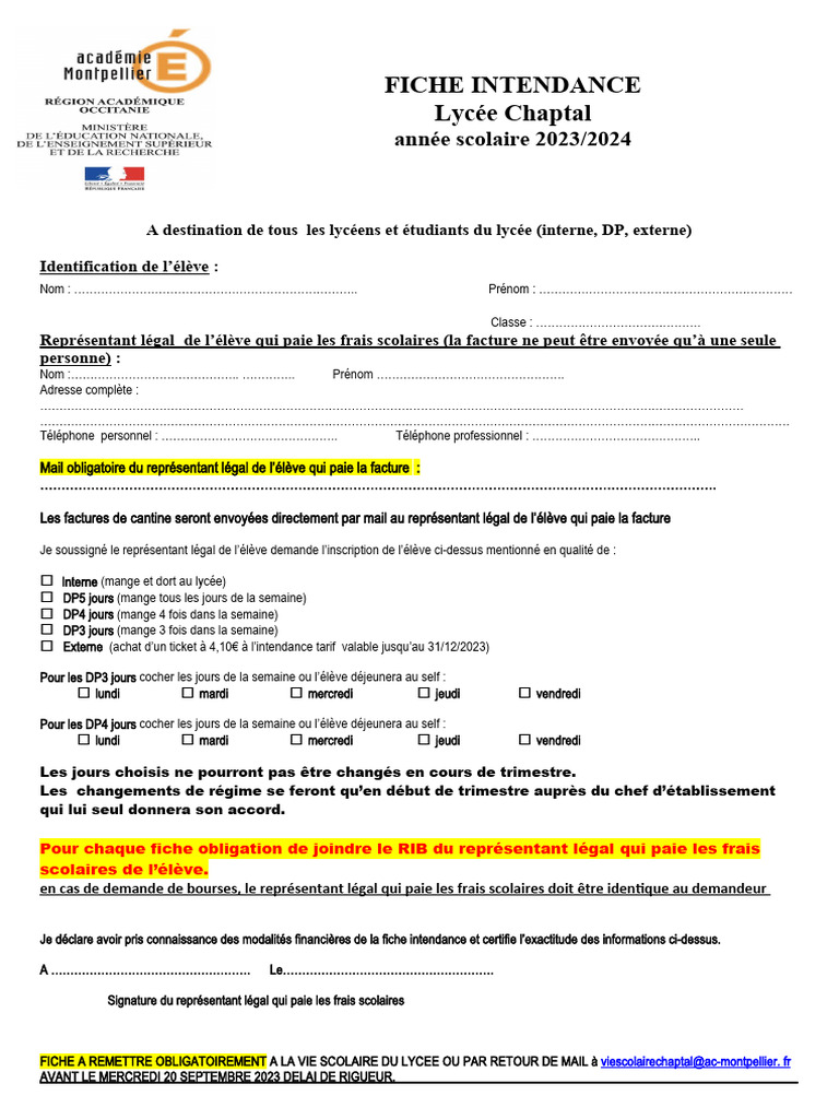 Fiche Intendance 2023-2024 | PDF