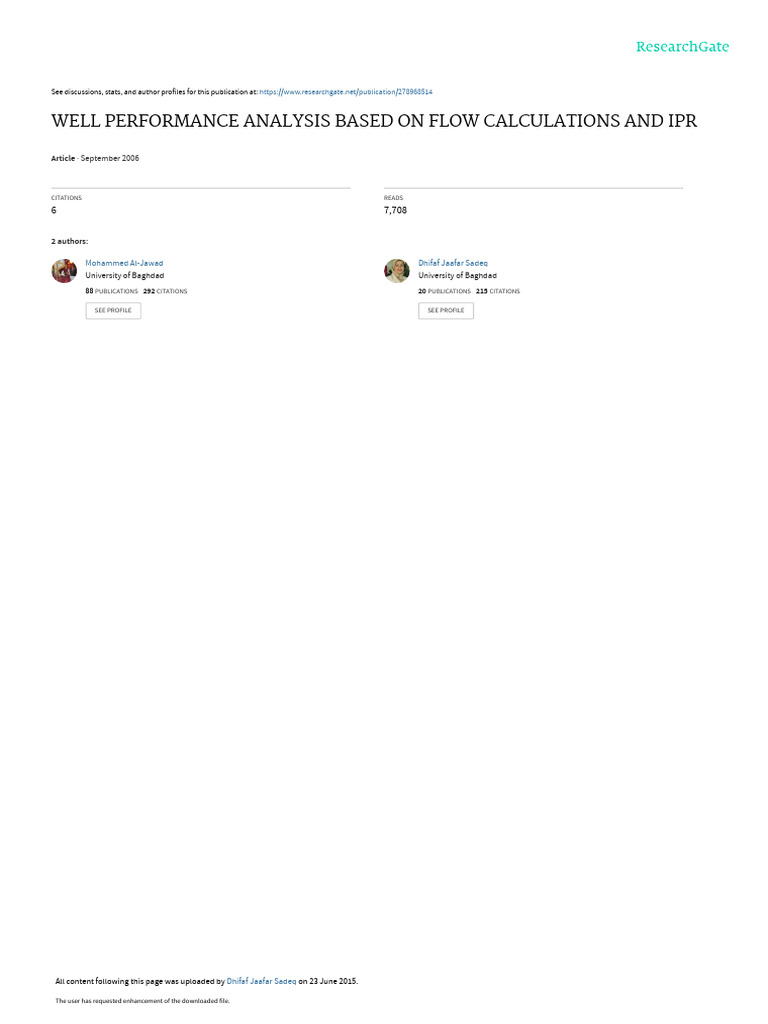 Well Preformance Analysis Based On Flow Calculations and I PR | PDF