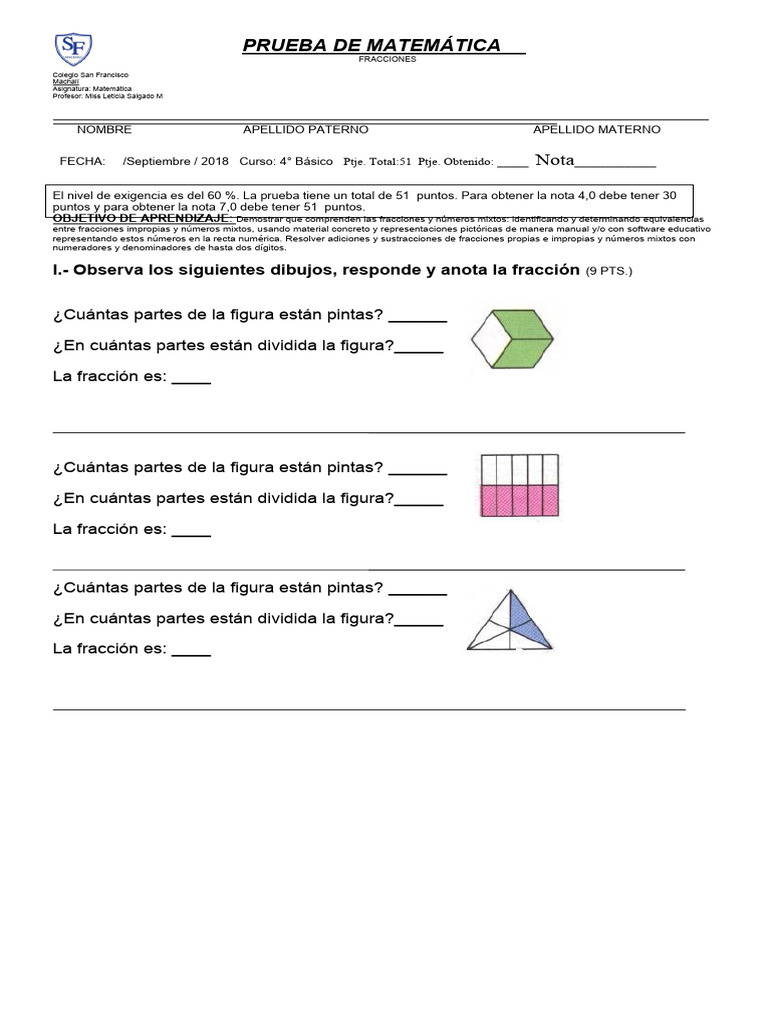 Prueba de Math Fracciones 4°A-B Septiembre | PDF