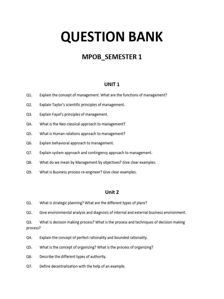 QUESTION BANK - MPOB - Semester 1 | PDF