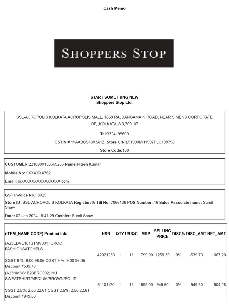 Shoppersstop Receipt 123446327513 | PDF