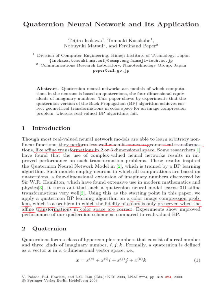 Isokawa2003 Chapter QuaternionNeuralNetworkAndItsA | PDF | Teaching Methods & Materials