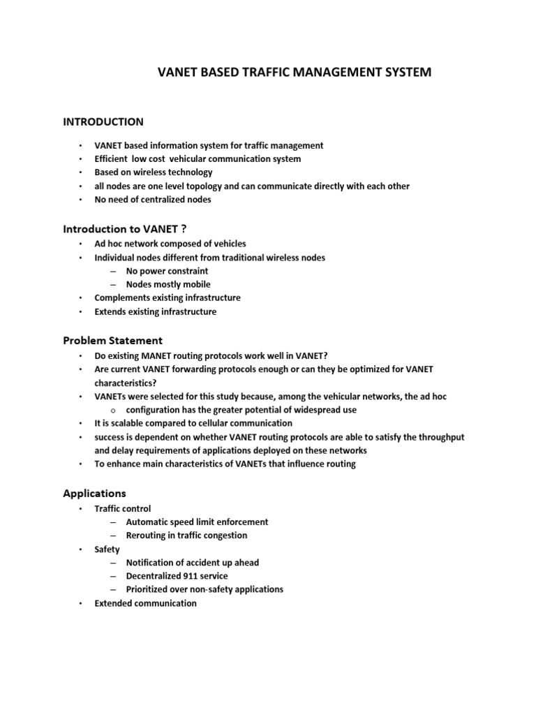 Vanet Based Traffic Management System Document Pdf Wireless Ad Hoc