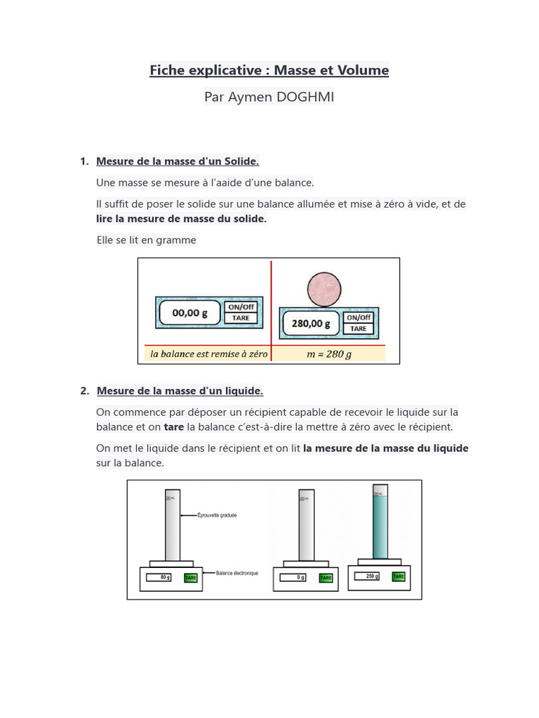 Fiche Explicative Masse Et Volume | PDF