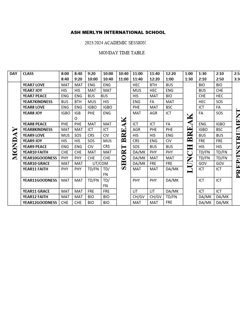 Monday Timetable for Ash Merlyn School | PDF | Foreign Language Studies