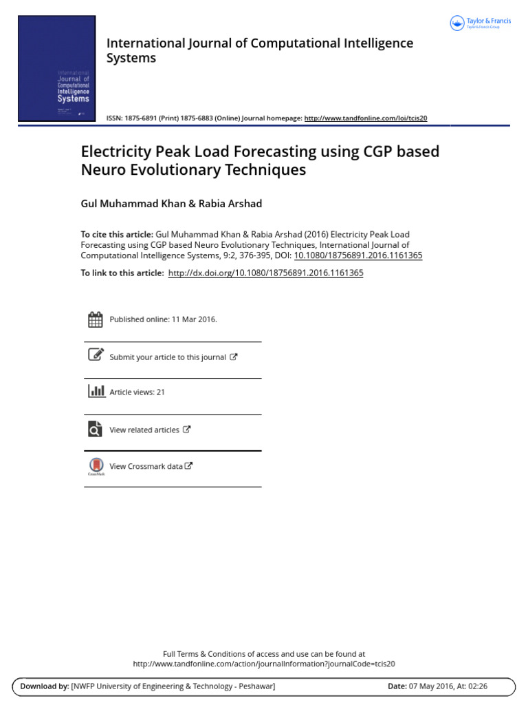 Electricity Peak Load Forecasting Using CGP Based Neuro Evolutionary Techniques | PDF
