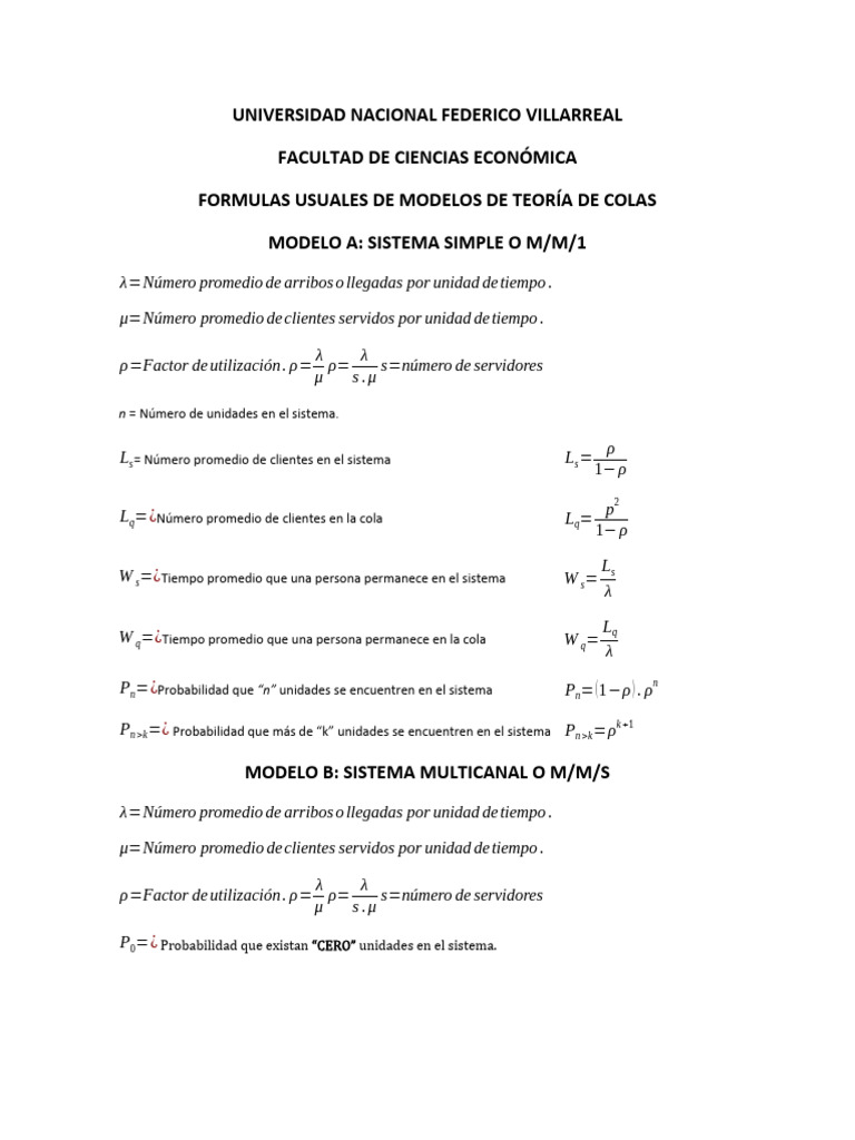 Unfv FORMULAS USUALES DE MODELOS DE TEORÍA DE COLAS | PDF