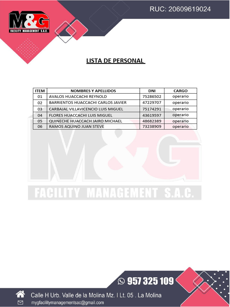 Lista de Personal M&G Facility Management Sac | PDF
