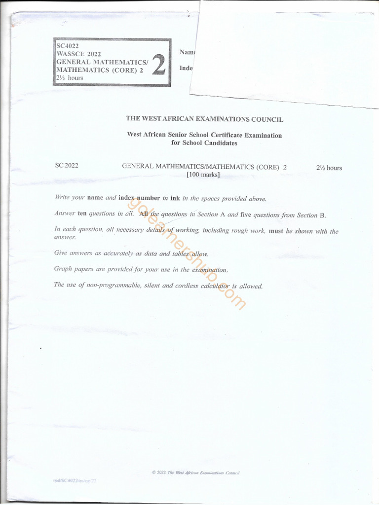 Wassce 2022 Core Mathematics Past Questions Paper 2 | PDF