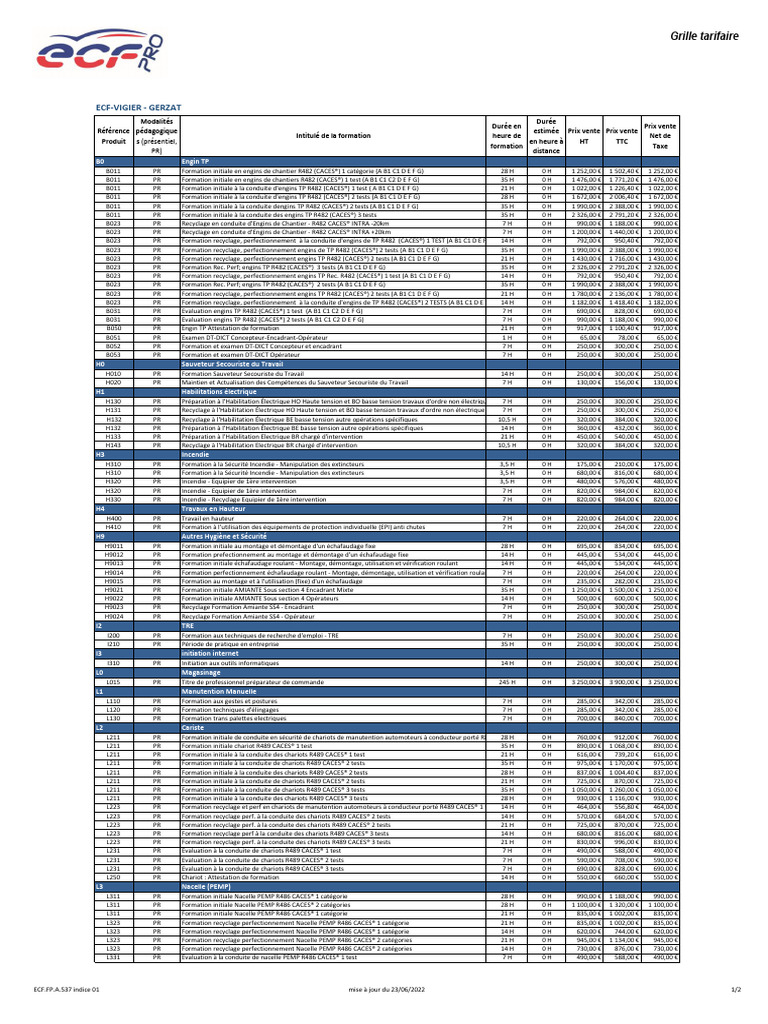 Grille tarifaire ECF VIGIER 63 0622 | PDF