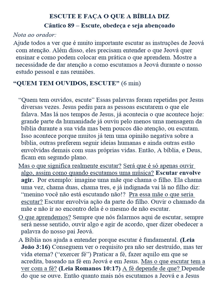 Escute e Obedeça à Bíblia | PDF | Pastor | Jesus