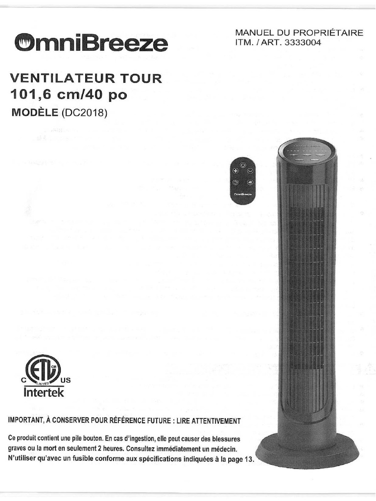 OmniBreeze Tower Fan Model DC2018 Owner's Manual (FR) | PDF