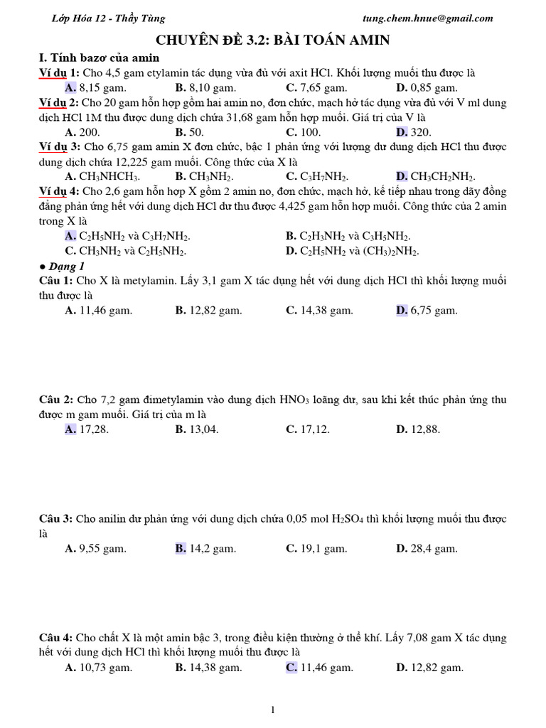 Hoa 12 - Chuyen de 3.2 - Amin Amino Axit Protein - Bai Toan Amin | PDF