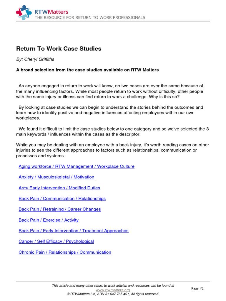 Return To Workpla Case Studies | PDF | Pain | Self Efficacy