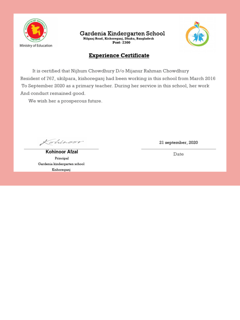 Gardenia Kindergarten School Certificate | PDF