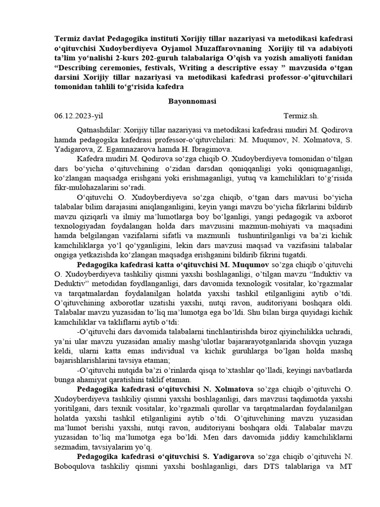 Ochiq Dars Bayonnoma | PDF