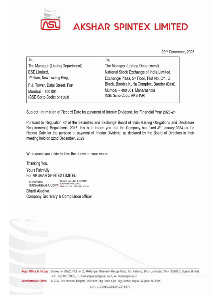 AKSHAR 22122023182536 IntimationofinterimDividend | PDF