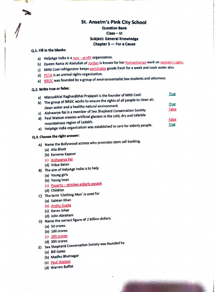 Class 6 - Question Bank Ch-5 GK | PDF