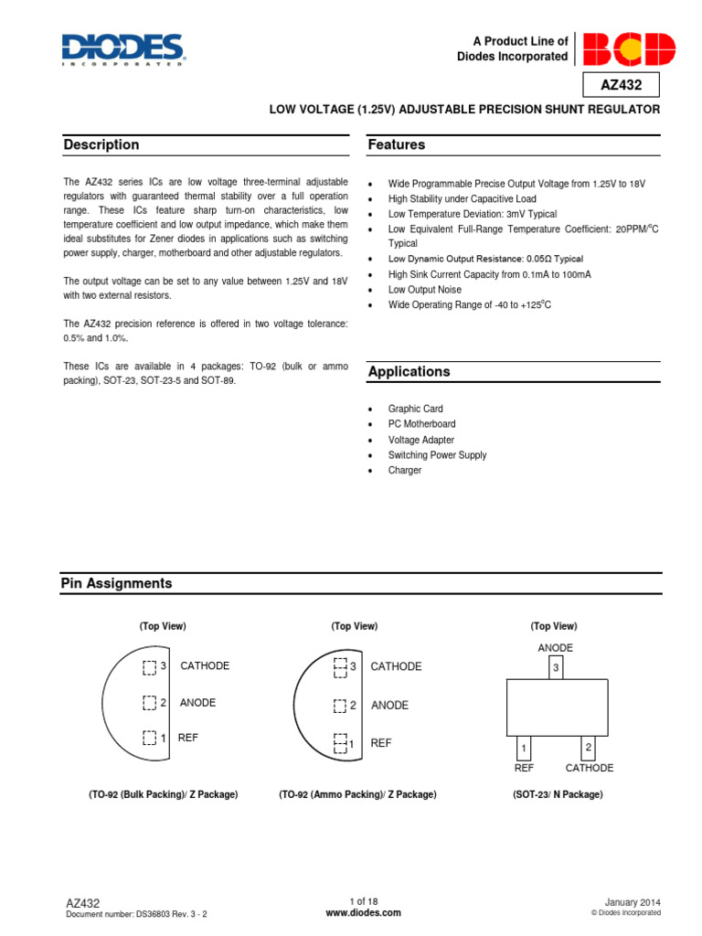 Az432 Low Voltage (1.25V) Adjustable Precision Shunt Regulator | PDF