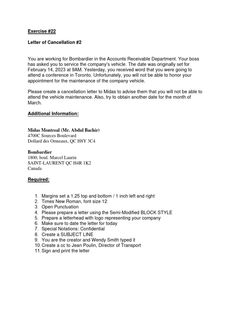 Letter (Cancellation Letter) - Exercise | PDF