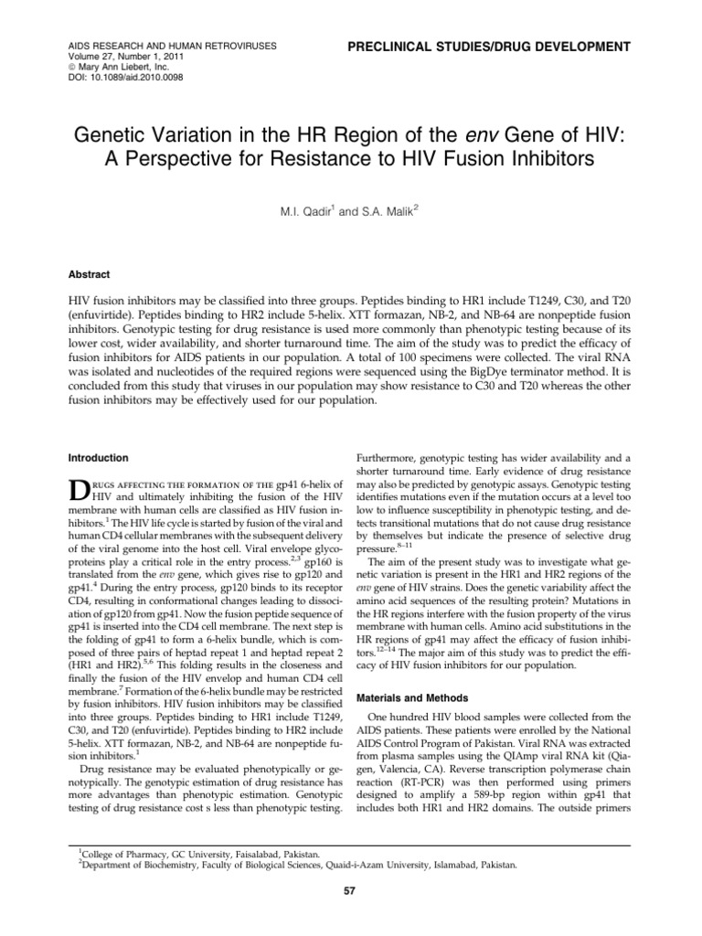 Genetic Variation in The HR Region of The Env Gene of HIV: A ...