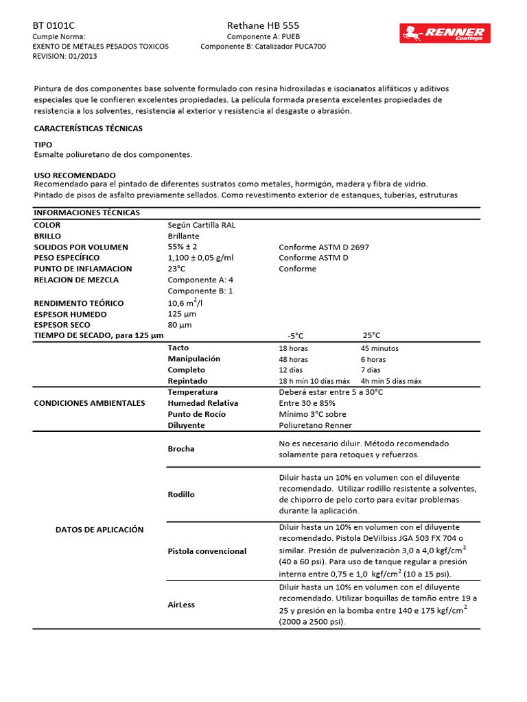 Rethane HB 555 Componente A - PUEB Componente B - Catalizador PUCA700 | PDF | Laboratorios ...