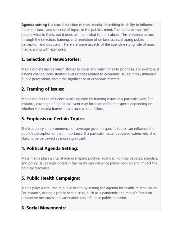 Agenda Setting Is A Crucial Function of Mass Media | PDF | Framing ...