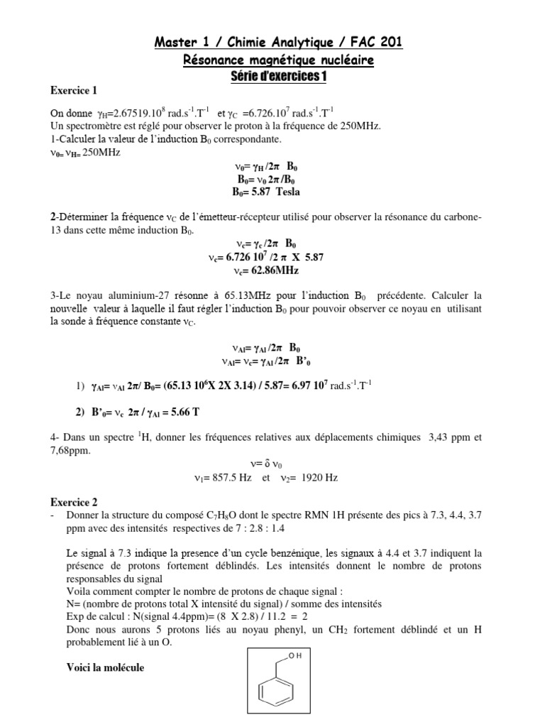Correction Série D'exercices 1 RMN | PDF | Résonance magnétique ...