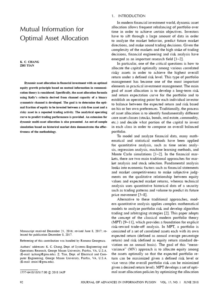 Mutual Information For Optimal Asset Allocation | PDF