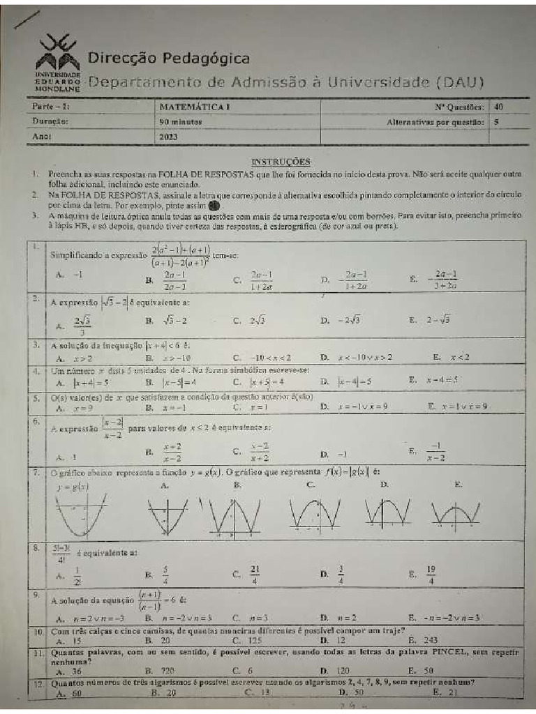 Matemática 01 UEM 2023 | PDF