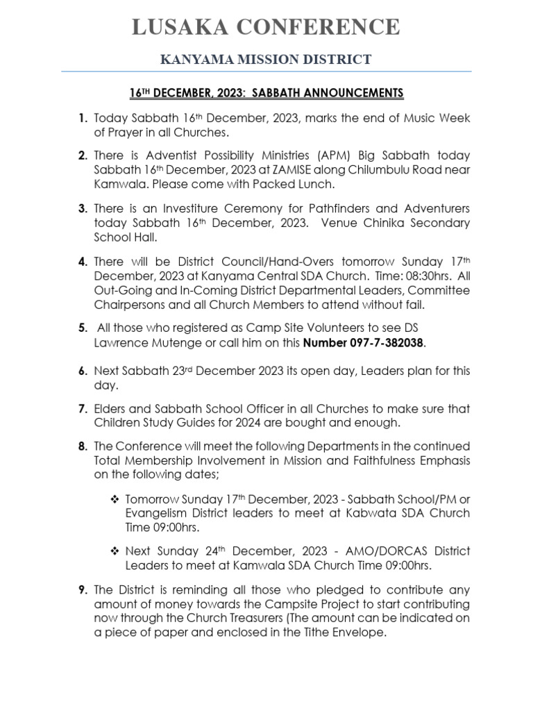 16TH December, 2023, Sabbath Announcements | PDF